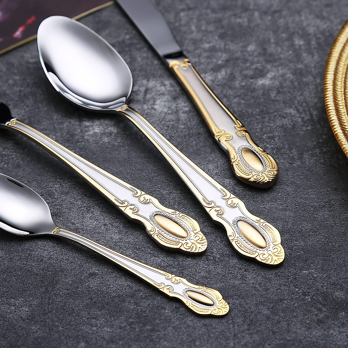 Copper Silverware Set, Flatware Cutlery Set, Stainless Steel Tableware Eating Utensils, Silverware Set for 4, Perfect for Wedding or Party, Mirror Finish Dishwasher Safe,Flower handle,rose gold 20pcs