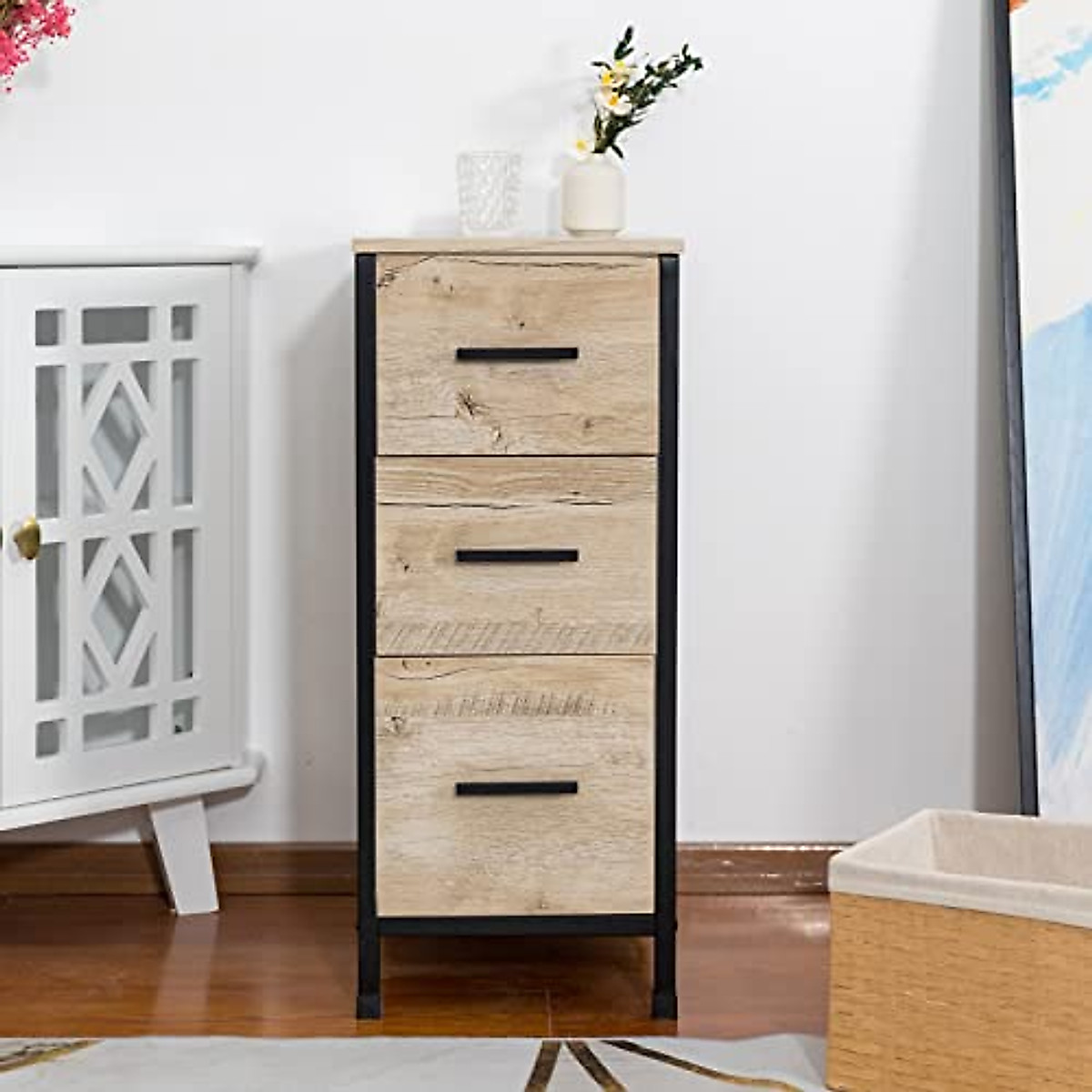 UEV Bathroom Drawer Organizer,Free Standing Single Vanity,Oak Nightstand,Vertical Dresser Storage Tower Vanity for Bedroom/Hallway/Entryway,Self-Assemble,3 Drawers