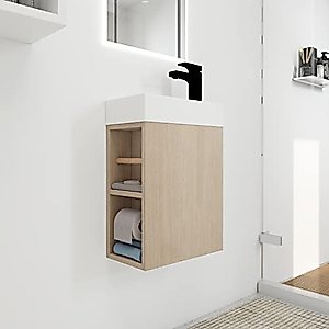 Floating Bathroom Vanity with Sink Combo for Small Space, 16" Wall Mounted Modern Bath Storage Cabinet Vanity Set with Wood Door Resin Basin (Oak)