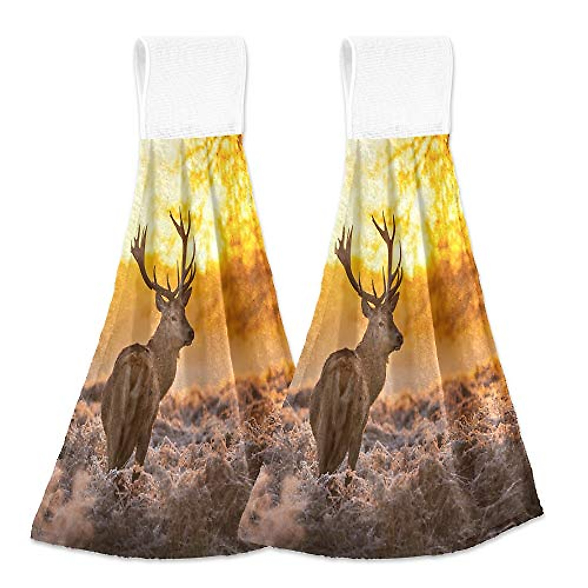 YYZZH Red Deer Antler in Morning Sun Woodland Kitchen Hand Towels with Hook & Loop Set of 2 Absorbent Bath Hand Towel Hanging Tie Towel