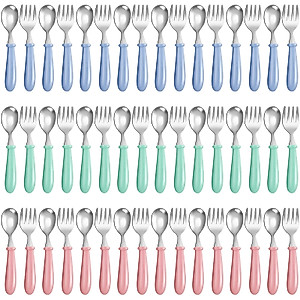 Dandat 48 Pcs Toddler Utensils Bulk Kids Silverware Stainless Steel Forks and Spoons Safe Toddler Flatware Sets Metal Kids Cutlery with Round Thick Grip Handles for Self Feeding, Dishwasher Safe