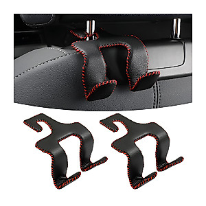 AUCELI Leather Car Seat Headrest Hook, 2 in 1 Auto Back Seat Hanger, 2 Pack Car Storage Holders, Vehicle Backseat Organizer for Purses Coats Umbrellas Bags, Universal Interior Accessories (Black/Red)