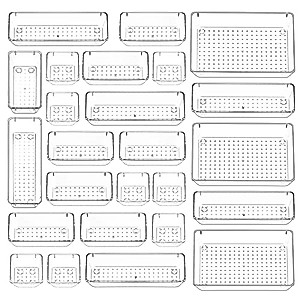 25 PCS Clear Drawer Organizers Set, 4 Sizes Plastic Vanity Drawer Organizers and Storage Bins, Desk Drawer Organizer Trays with Non-slip Silicone Pads for Makeup