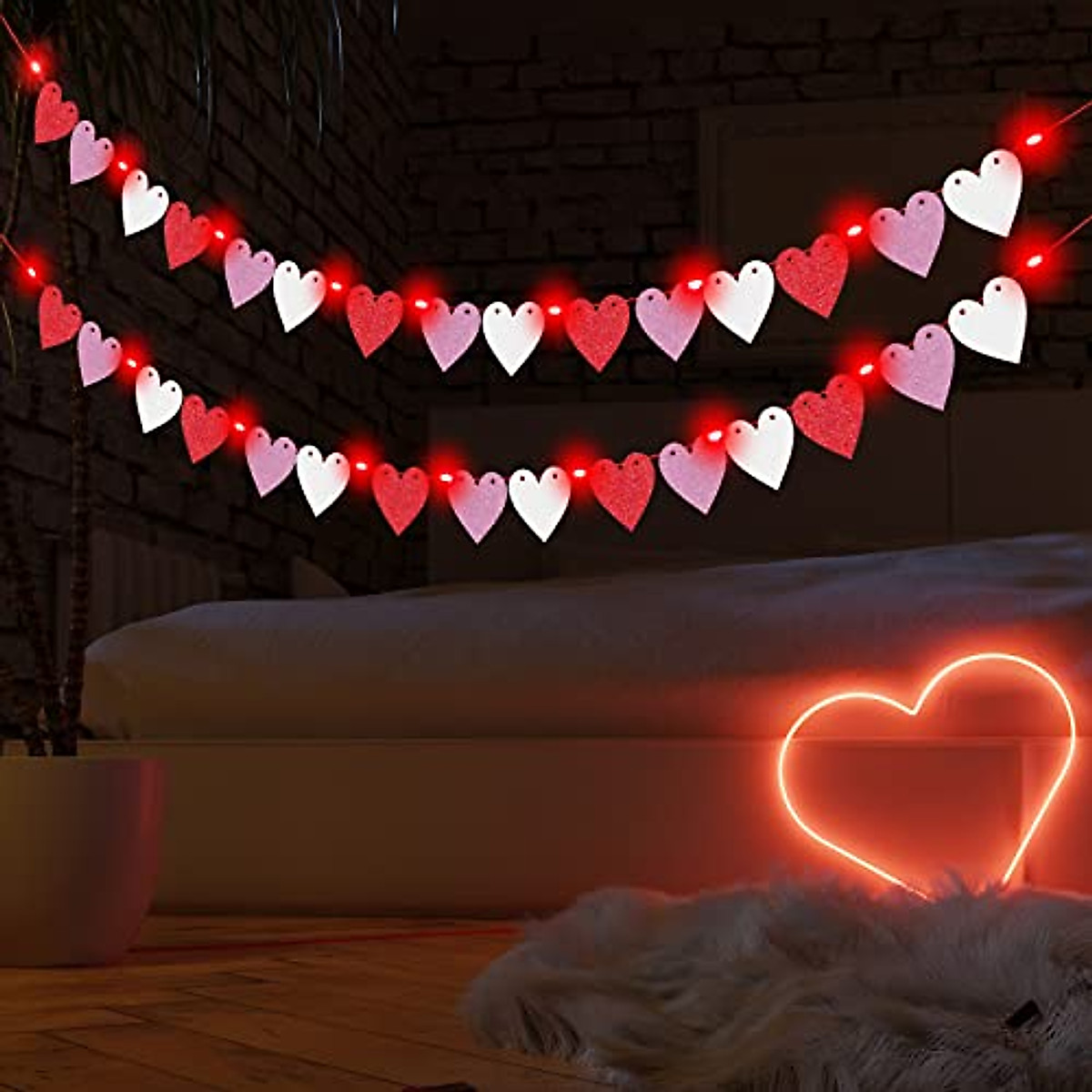 2 Pieces Heart Garland Banner for Valentines Day with Red Led Lights Decorations Red Pink White Heart Felt Banners Garland for Fireplace, Anniversary, Wedding, Engagement Party Home Decor (Style 2)