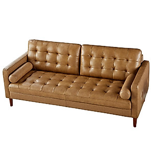 AMERLIFE Genuine Leather Sofa, Mid-Century Modern Leather Couch,3 Seater with Tufted Back, Comfy Sofa for Living Room-Brown Full Grain Leather Couch