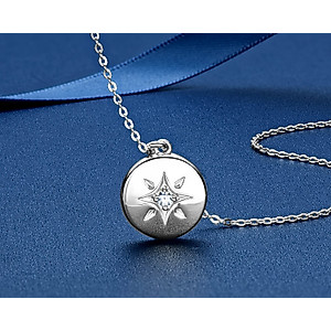 DYUNQ North Star Necklace Sterling Silver, Moissanite Lab Created Diamond Starburst Compass Disc Medallion Hypoallergenic Pendant for Women, 18 to 20 Inch, Graduation Jewelry Gifts