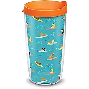 Tervis Surf Dogs Insulated Tumbler with Wrap and Orange Lid, 16oz, Clear