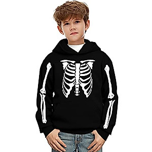 Remimi Kids Halloween Skeleton Pullover Hoodie Pocket Long Sleeve Black Graphic Printed Sweatshirt 13-14 Years