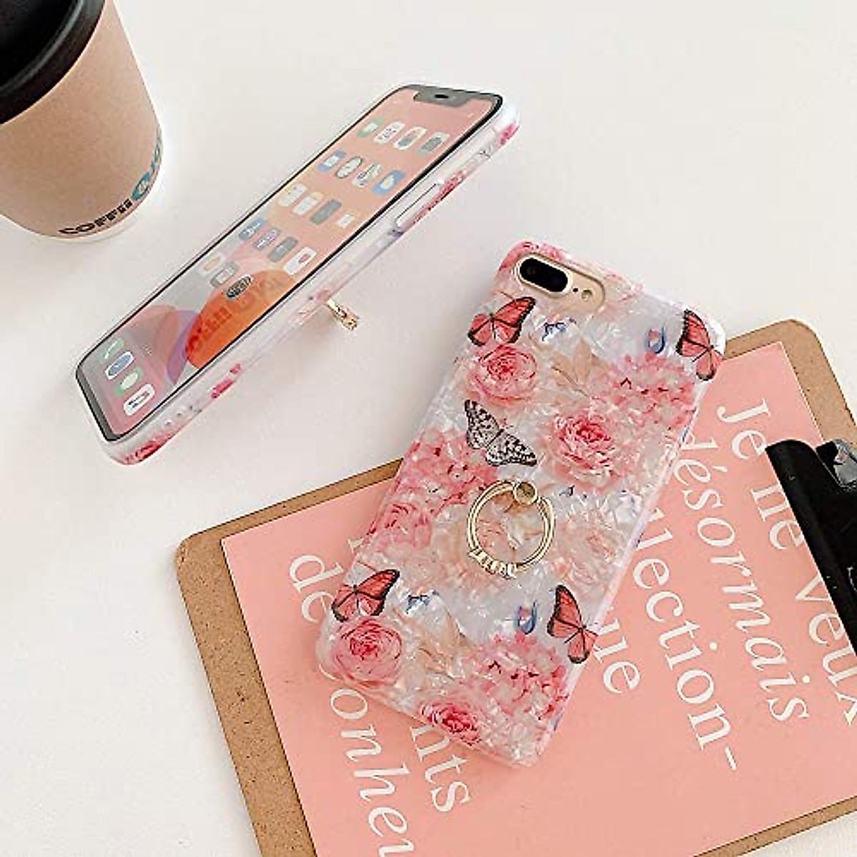 Qokey for iPhone 8 Plus Case,iPhone 7 Plus Case 5.5 inch Flower Cute Stand Cover for Women Girls 360 Degree Rotating Ring Stand Kickstand Soft TPU Shockproof Rose Butterfly