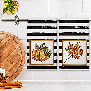 Norme 4 Pcs Thanksgiving Fall Hello Pumpkin Kitchen Towels, 18 x 28 Inch Fall Dish Towels Hello Autumn Polka Dot Stripes Black and White Kitchen Towels Absorbent Drying Cloth for Bathroom Decor Hand