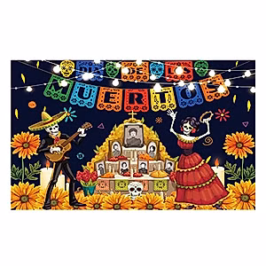 Allenjoy Day of The Dead Dia DE Los Muertos Backdrop Mexican Sugar Skull Flower Tombstone Fiesta Marigold Carnival Dress-up Party Background Cake Table Decor Photoshoot Photo Booth Studio Props