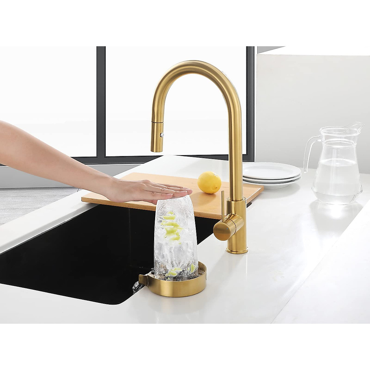 AguaStella ASR01GS Brushed Gold Metal Glass Rinser for Kitchen Sink with Cover, Kitchen Sink Cup Riner, Bar Glass Rinser, Kitchen Sink and Bar Sink Accessory