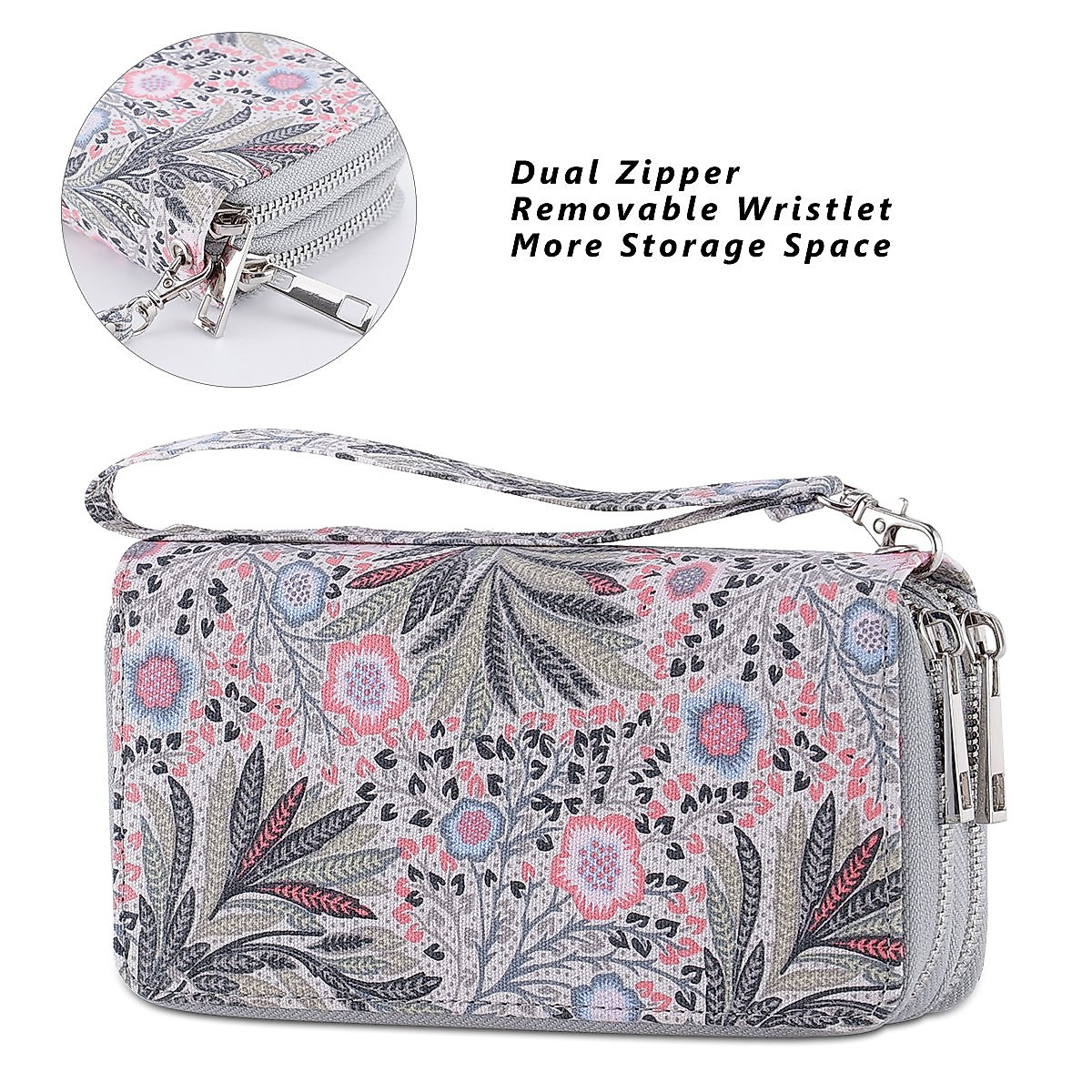 HAWEE Double Zipper Wallet for Woman Clutch Purse with Cell Phone Pocket for Smart Phone/Card/Coin/Cash, Fissidens Flower