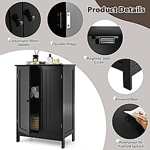 Tangkula Bathroom Floor Cabinet, Freestanding Storage Cabinet with Double Doors and Shelf, Modern Home Furniture, Wooden Home Organizer for Living Room, Bathroom Storage Cabinet (Black)