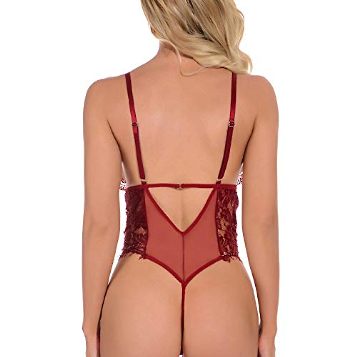 wodceeke Sexy Sling Lace Siamese Plus Size Lingerie For Women See-through Hollow Embroidered Pajamas Shapewear (Red, XXL)