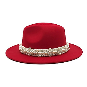 Qkrlamx Black Fedora Hats for Women Wool Panama Hat with Pearl Band Wide Brim Felt Hat Classic Trilby Hat Red
