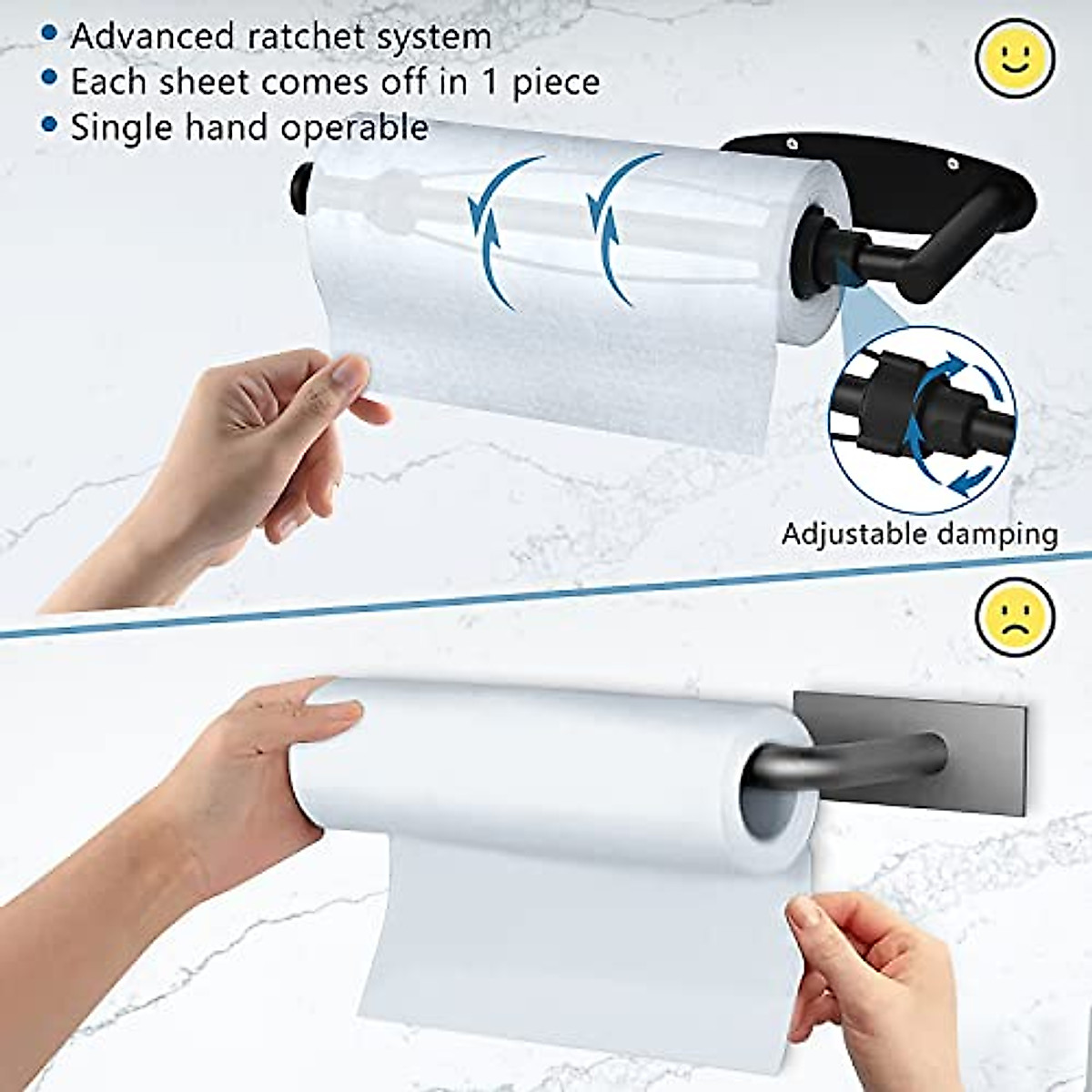 Paper Towel Holder,Under Cabinet Paper Towel Holder for Kitchen with Damping Effect,Single Hand Operable Adhesive or Drilled Wall Mount Black Hanging Paper Towel Roll Rack Holder for Bathroom