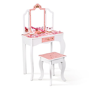 OOOK Kids Vanity Set, Girls Makeup Vanity Table and Chair Set, Premium Toddler Vanity Set with Detachable Tri-fold Mirror, Stool and Large Storage Drawer.
