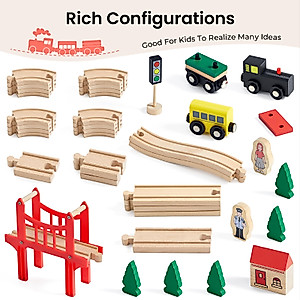 Tiny Land Wooden Train Set for Toddler - 39 Pcs- with Wooden Tracks fits Thomas, fits Brio, fits Chuggington, fits Melissa and Doug - Expandable, Changeable-Train Toy for 3 4 5 Years Old Girls & Boys