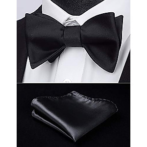 HISDERN Bow Ties for Men Solid Black Self Tie Bow Tie & Pocket Square Set Classic Formal Satin Bow ties for Tuxedo Wedding Party