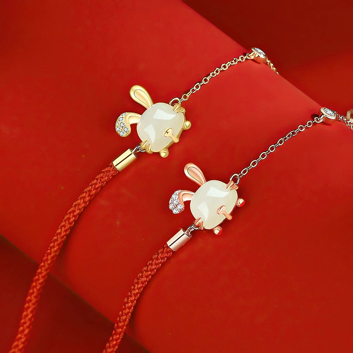 TEMICO 925 Sterling Silver Rabbit Charm Bracelet for Women Adjustable Red String Rope Bracelets Chinese Lunar New Year Birthday Jewelry Gift (Rose Gold-Tone)