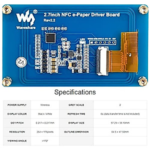 waveshare 2.7inch Passive NFC-Powered e-Paper Module, 264 × 176 Pixels Black and White Display Color, No Battery Needed, No Messy Wiring Wireless Powering & Data Transfer Android APP Provided