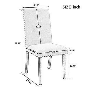 Winwee Dining Chairs with Copper Nails and Solid Wood Legs Upholstered Armless Dining Chair with High Back Upholstered Stools, Cotton-Linen Blend Fabric Set of 2 (Beige)