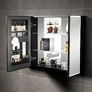 VESLINY Medicine Cabinets 30x32 LED Lighted Medicine Cabinet with Mirror for Bathroom Double Doors with Flip-Out Magnifying Mirror Door Storage Defogger Dimmable Lighting Black Surface Wall Mount