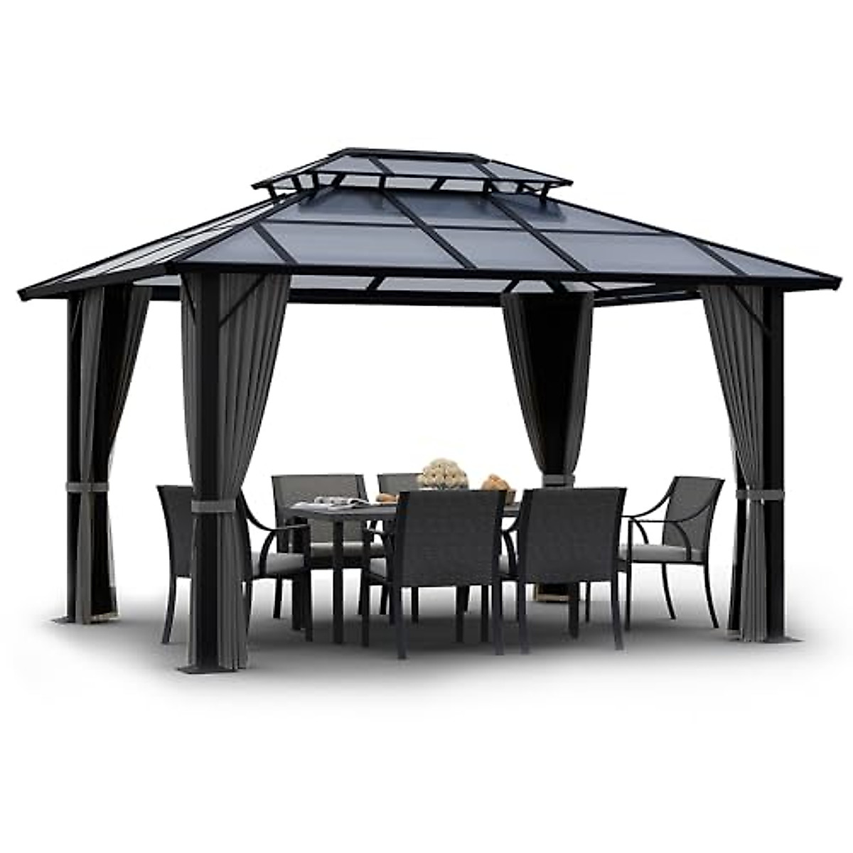 ZEPYARD Hardtop Gazebo 10x12 FT Polycarbonate Double Roof with Netting and Curtains