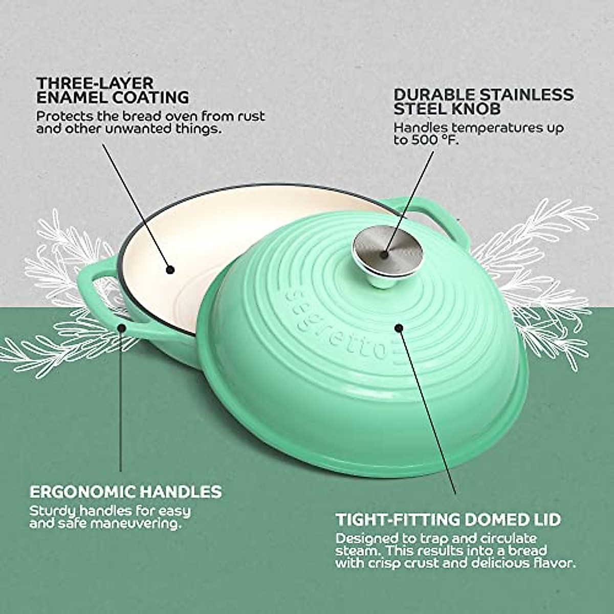 Enameled Cast Iron Bread Pan with Lid 11” Green Bread Oven Cast Iron Sourdough Baking Pan, Dutch Oven for Bread, No Seasoning Needed-Segretto Cookware