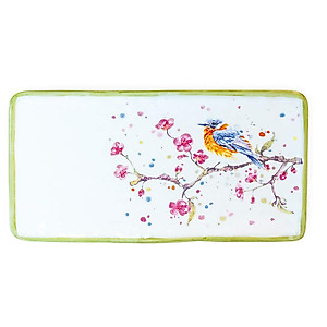 Boston International KAC20024 Spring Ceramic Platter, 12 x 6 x .5, Bird and Cherry Blossoms