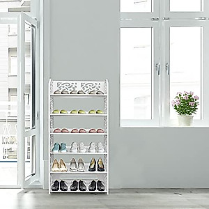Stylish 6 Tier Wood-Plastic Shoe Rack Organizer with Carved Design - Elegant White Decorative Closet Shoe Storage Rack
