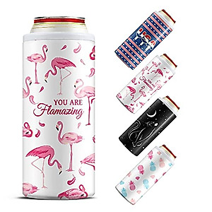 Slim Can Cooler Insulated Skinny Stainless Steel Doucle Freezable Can Cooler Sleeve Hard Seltzer 12 oz Slim Cans （Flamingo）