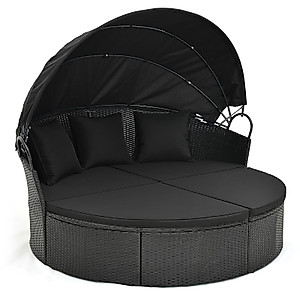 Tangkula Outdoor Patio Round Daybed with Retractable Canopy, Black Rattan Wicker Furniture Sectional Seating with Cushions and Throw Pillows, Seating Separates Cushioned Seats for Backyard (Black)