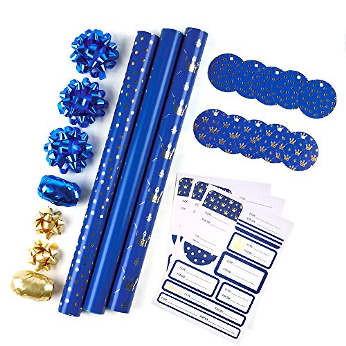 MAYPLUSS Wrapping Paper Set - Mini Roll with Bow & Ribbon & Gift Tags & Stickers - 17 inch X 120 inch Per roll - Royal Blue Design (42.3 sq.ft.TTL)