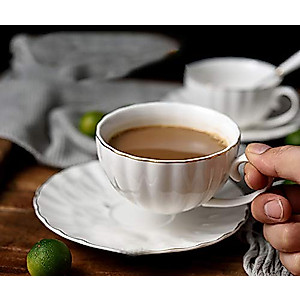 Yesland Set of 6 Royal Tea Cups and Saucers with Gold Trim, 8 Ounce White Porcelain Tea Set & British Coffee Cups, White Latte Cups and Espresso Mug for Specialty Coffee Drinks, Latte, Cafe Mocha, Tea