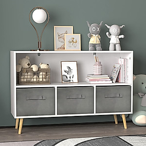 Senviy Kids Bookcase with 3 Fabric Drawers, Toy Storage Cabinet Organizer, Solid Wood Toddler Bookshelf for Boys & Girls, Grey