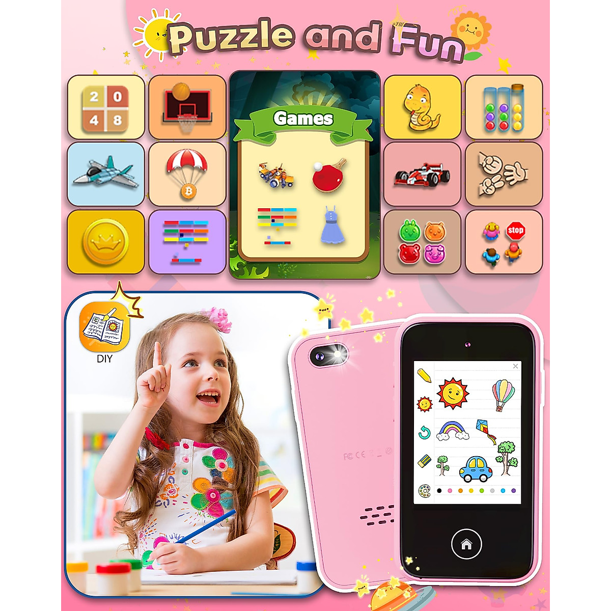 shiningstone Kids Toy Phone, Toddler Phones with MP3 Music Player, Dual Camera, Flashlight, Timer, Calculator, Habit Recorder, Kids Smart Phone for Girls and Boys 3-8 Years-Pink