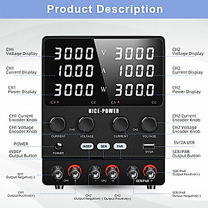 NICE-POWER Dual DC Power Supply Variable: 30V 10A Adjustable Switching Regulated Series (60V 10A) Parallel (30V 20A) High Precision 5V/2A USB Port Bench Lab Power Supplies