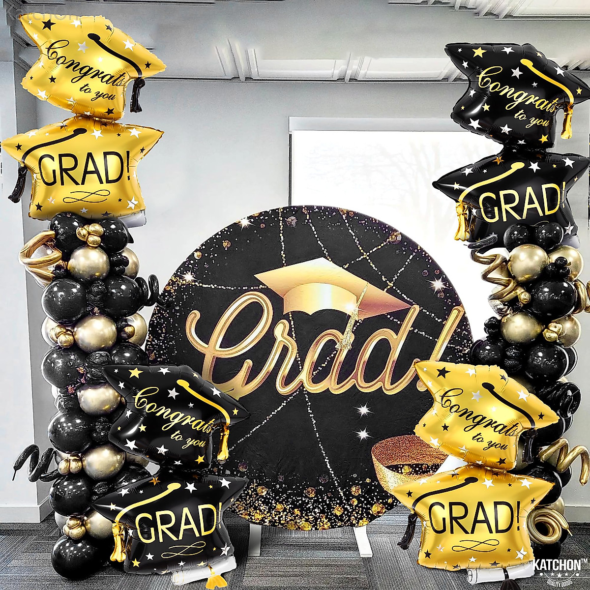 KatchOn, Black and Gold Graduation Hat Balloon - Big, 32 Inch, Pack of 4 | Congrats Grad Balloons | Graduation Balloons Class of 2024, Graduation Cap Balloon | Graduation Decorations Class of 2024