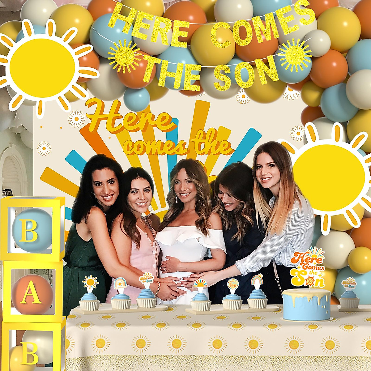 Here Comes the Son Baby Shower Decorations for Boy 1st Birthday Party Supplies Boho Retro Sunshine Balloon Garland Arch Kit Party Table Decor Photograph Backdrop Glitter Banner Cupcake Toppers