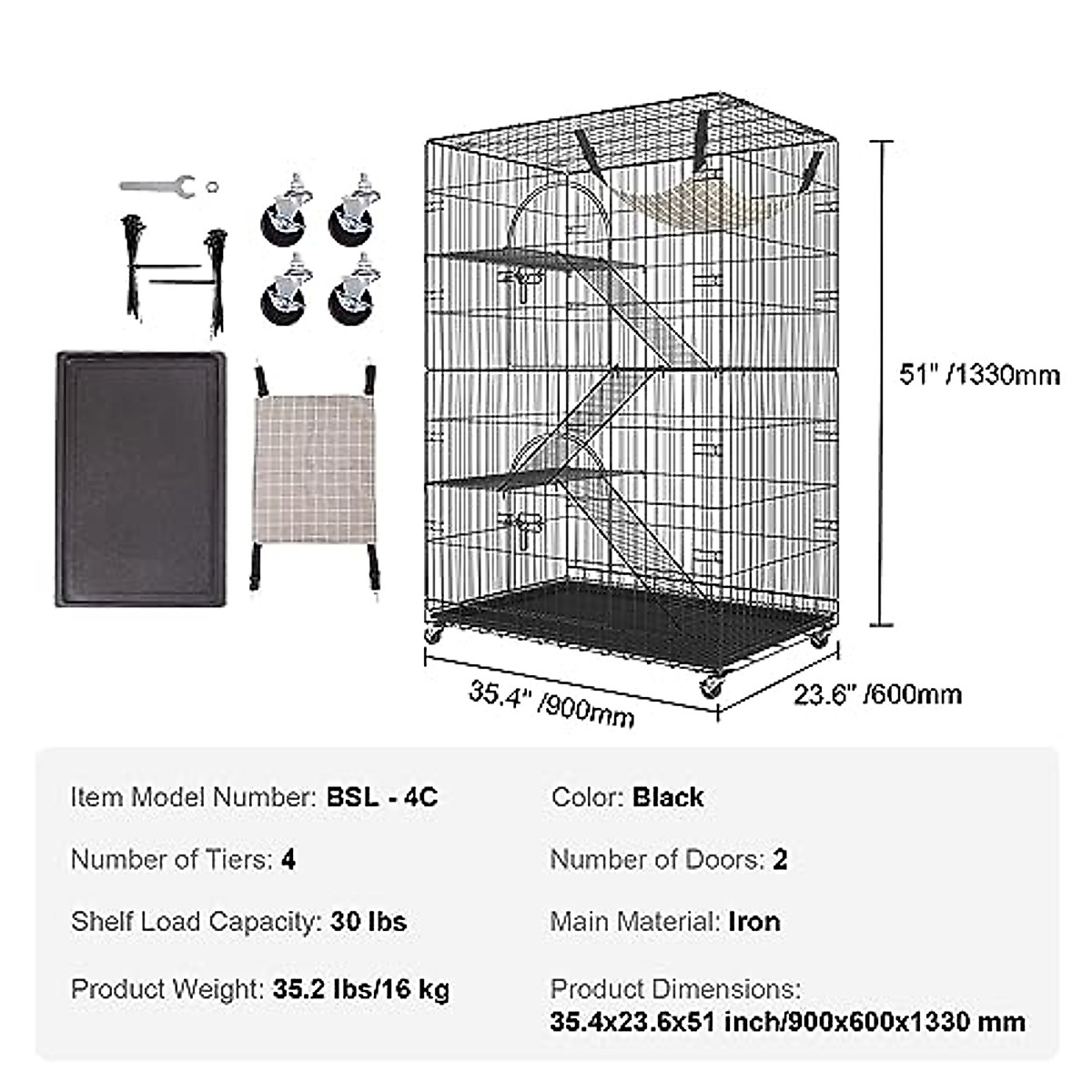 VEVOR Cat Cage Indoor Catio Cat Enclosure, Large Cat House on Rotating Wheels, 4-Tier Pet Playpen, Cat Crate Cat Kennel, 35.4" L x 23.6" W x 51" H