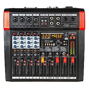 Audio2000'S AMX7381 Four-Channel Powered Audio Mixer with 320 DSP Sound Effects, Stereo Sub Out with Sub-Out Level-Control Fader, Level-Control Faders on All Channels, and USB/Computer Interface