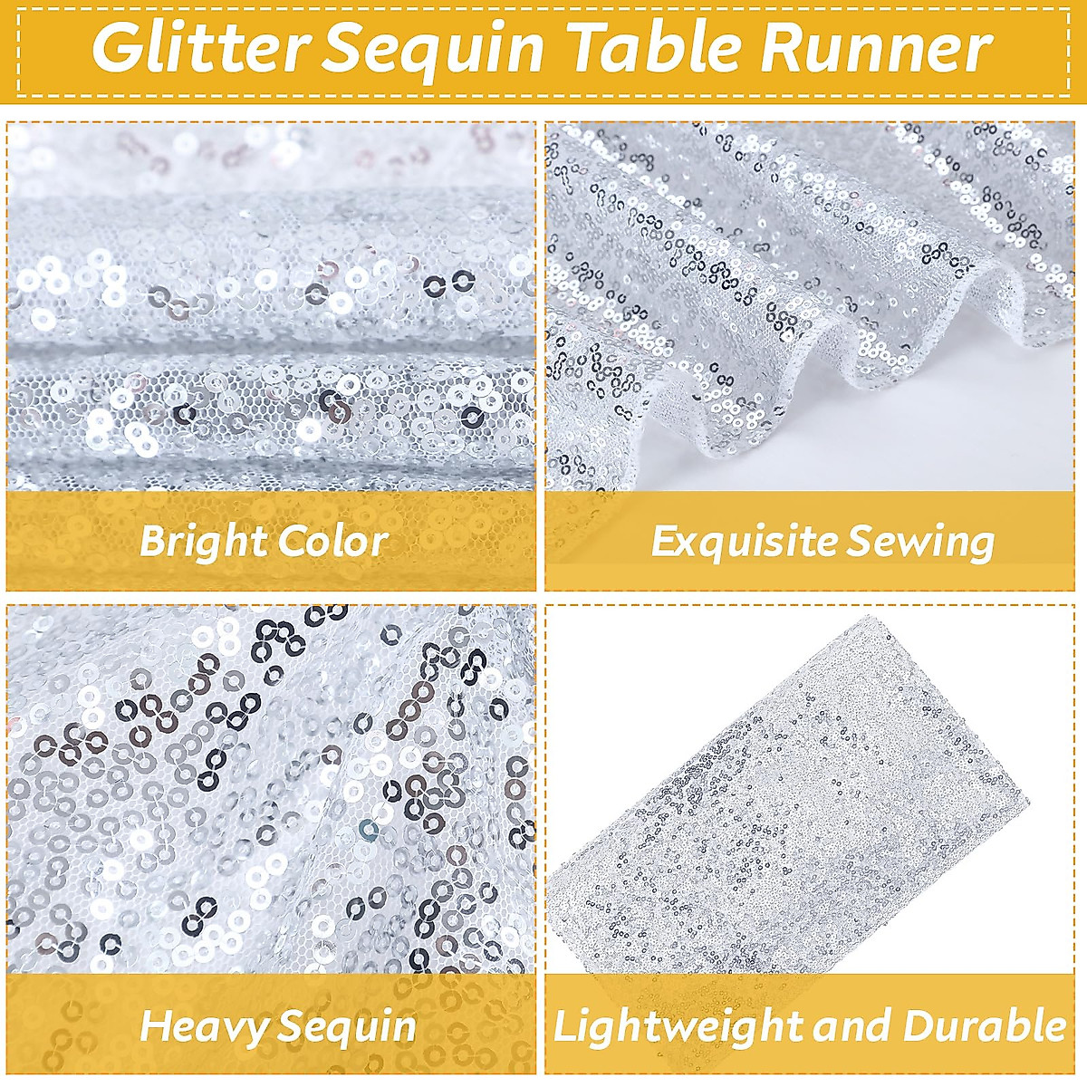 Newwiee 12 Pack Round Plastic Tablecloth 84 Inch with Glitter Sequin Table Runner 12 x 108 Inch Disposable Waterproof Tablecloth for Parties Wedding Baby Shower(Silver, White)