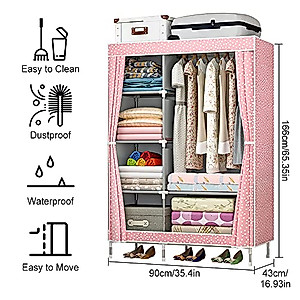QLFJ-FurDec Portable Wardrobe Closet, Clothes Storage Organizer Rack Shelves with Hanging Rods, Non-Woven Fabric Cover Standing Closet for Hanging Clothes, Stable and Easy Assembly, Pink Dot Style