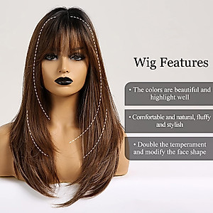 HAIRCUBE Brown Wigs for Women Long Straight layered Wig with Bangs Highlight Colour Heat Resistant Fiber Synthetic Wigs Daily Natural looking