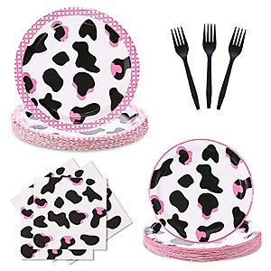 Cow Print Party Supplies 96Pcs, HYMENEX Pink Cow Theme Party Tableware Supplies Set Include Plates, Napkins, Forks for Cow Print Party Decorations Cow Theme Farm Animal Party Supplies Serves 24 Guests