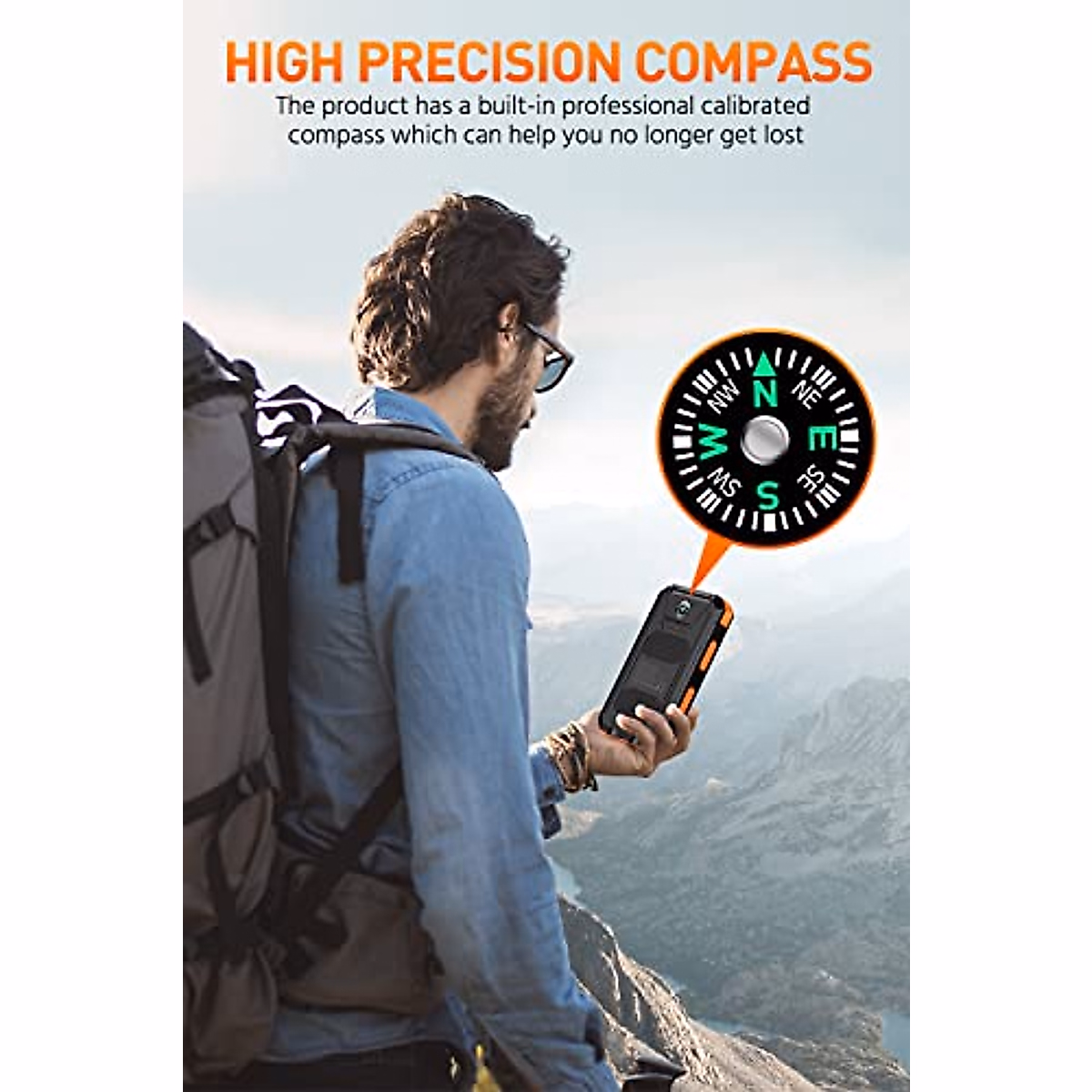 Power-Bank-Portable-Charger-Solar - 36800mAh Waterproof Portable External Backup Battery Charger Built-in Dual QC 3.0 5V3.1A Fast USB and Flashlight for All Phone and Electronic Devices (Orange)