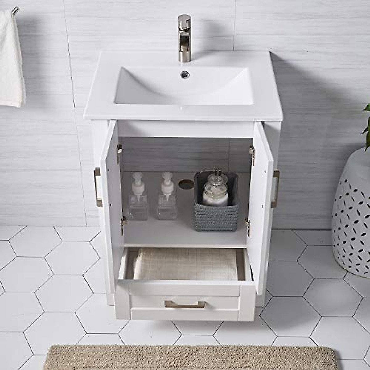 Popity home 24 Inch Small Bathroom Vanity with Sink, Modern White Bathroom Vanity, Wood Standing Bathroom Vanity Set with Ceramic Vessel Sink 2 Doors 1 Drawer