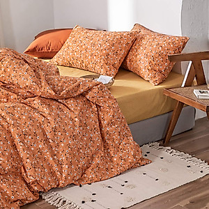 LifeTB Garden Style Orange Floral Duvet Cover King Boho Flower Botanical Bedding Sets Burnt Orange Pumpkin Color Comforter Cover 100% Cotton Floral Bedding Sets 1 King Duvet Cover with 2 Pillowcases